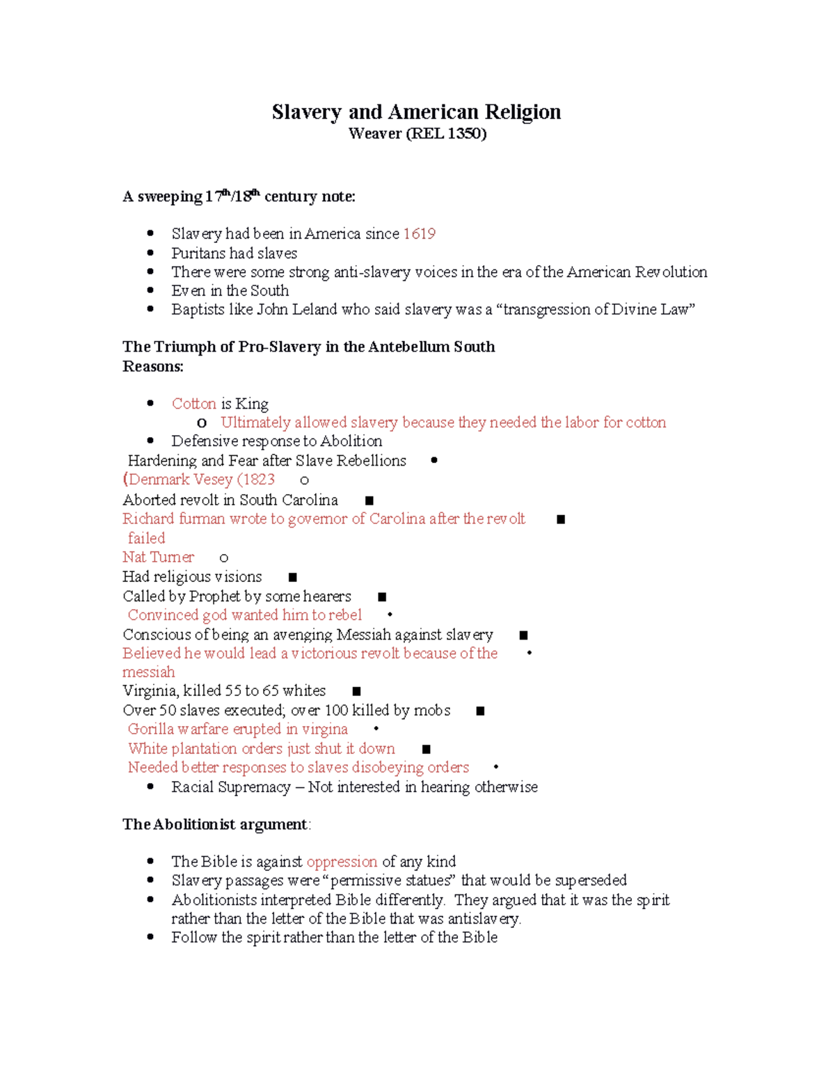 Slavery - Class filled in notes - Slavery and American Religion Weaver ...