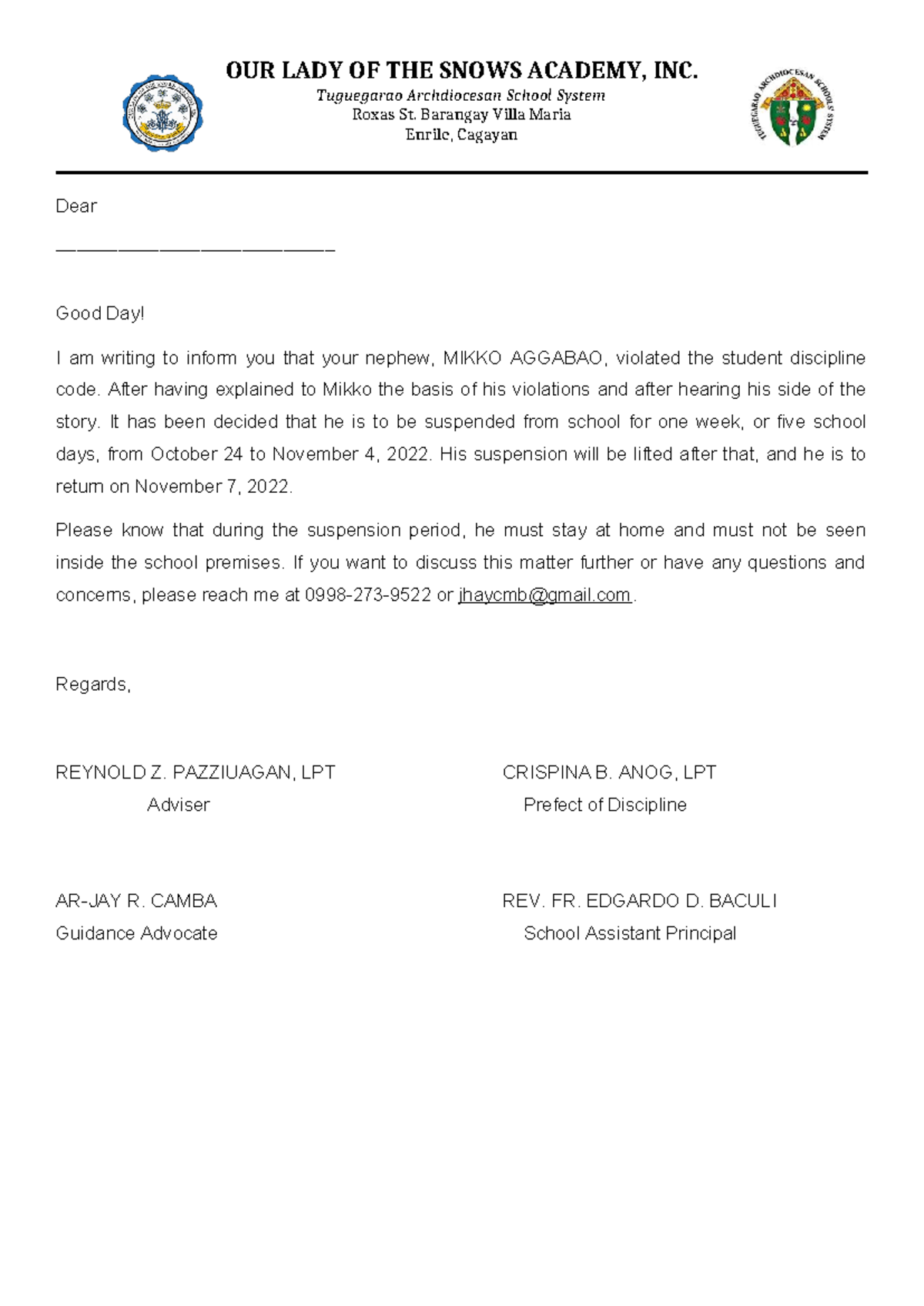 Suspension letter - OUR LADY OF THE SNOWS ACADEMY, INC. Tuguegarao ...