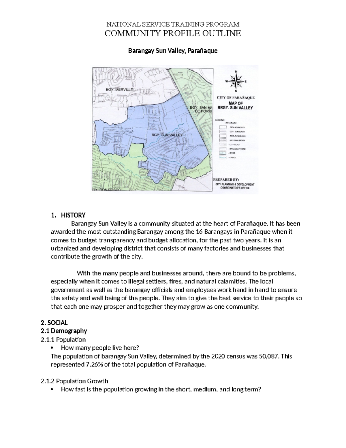 Community Profile Outline of Barangay Sun Valley - COMMUNITY PROFILE ...