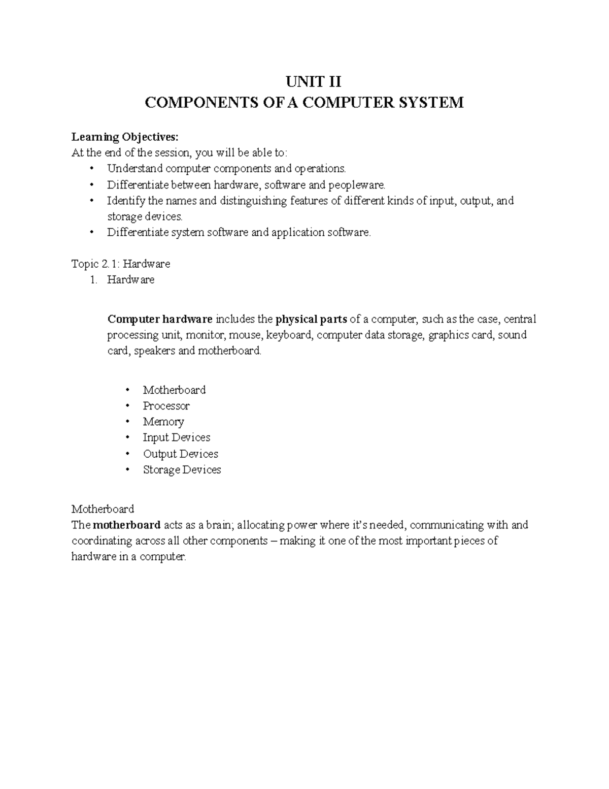 Computer Unit Ii Unit Ii Components Of A Computer System Learning Objectives At The End Of 