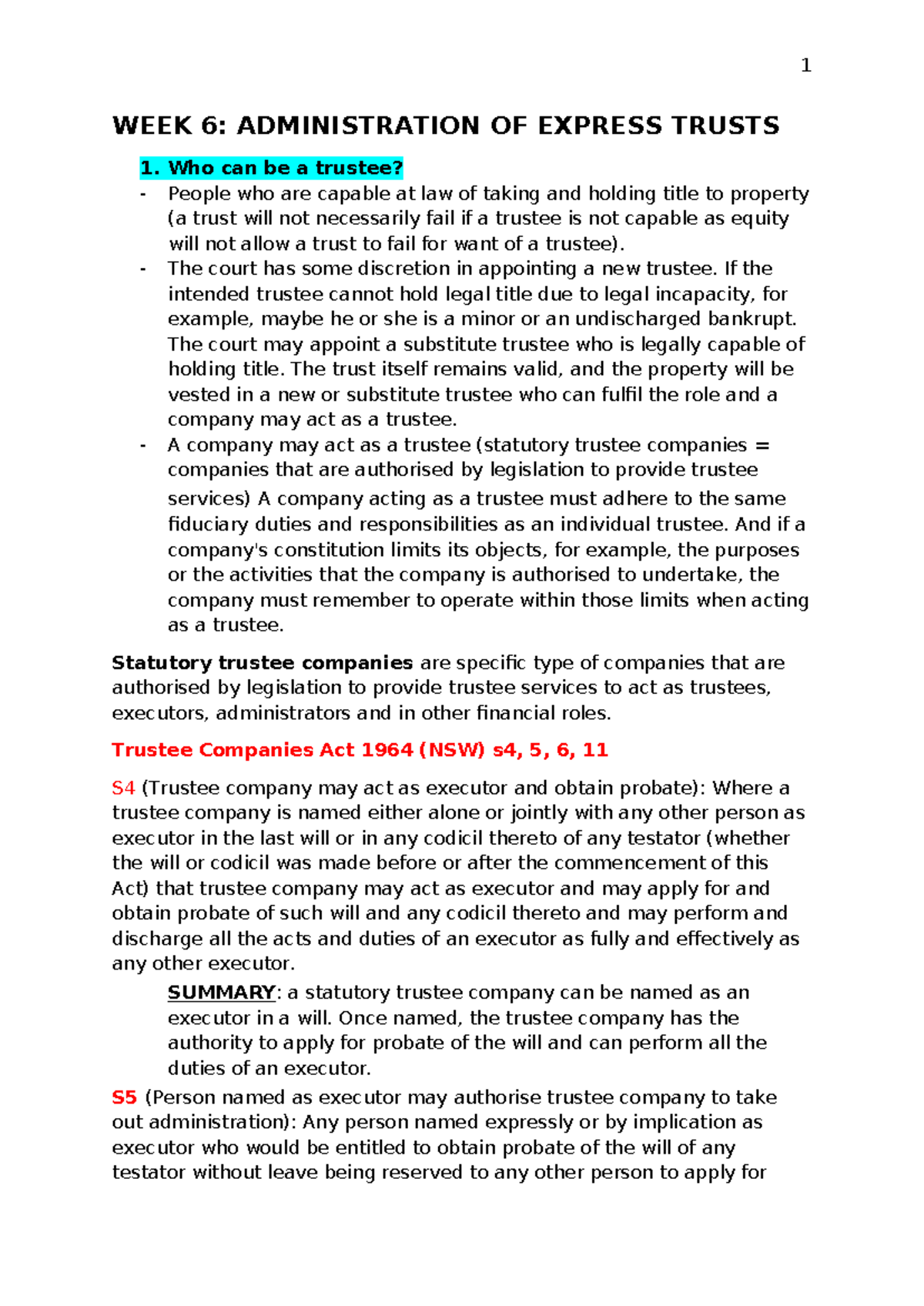 Week 6 to 8 equity - WEEK 6: ADMINISTRATION OF EXPRESS TRUSTS Who can ...