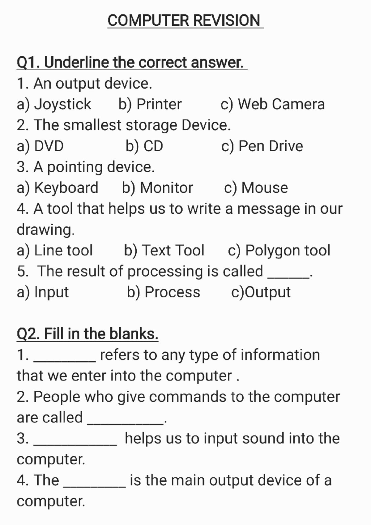 Class 3 revision - revise - COMPUTER REVISION Q1. Underline the correct ...