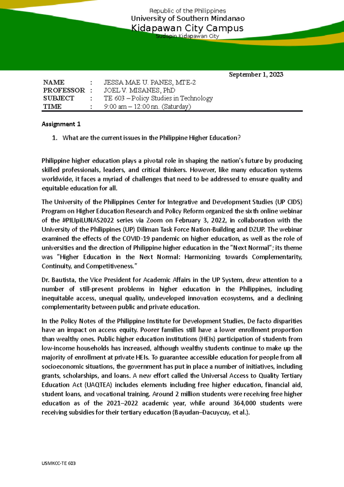 Essay: Philippine Educational System - September 1, 2023 NAME : JESSA ...