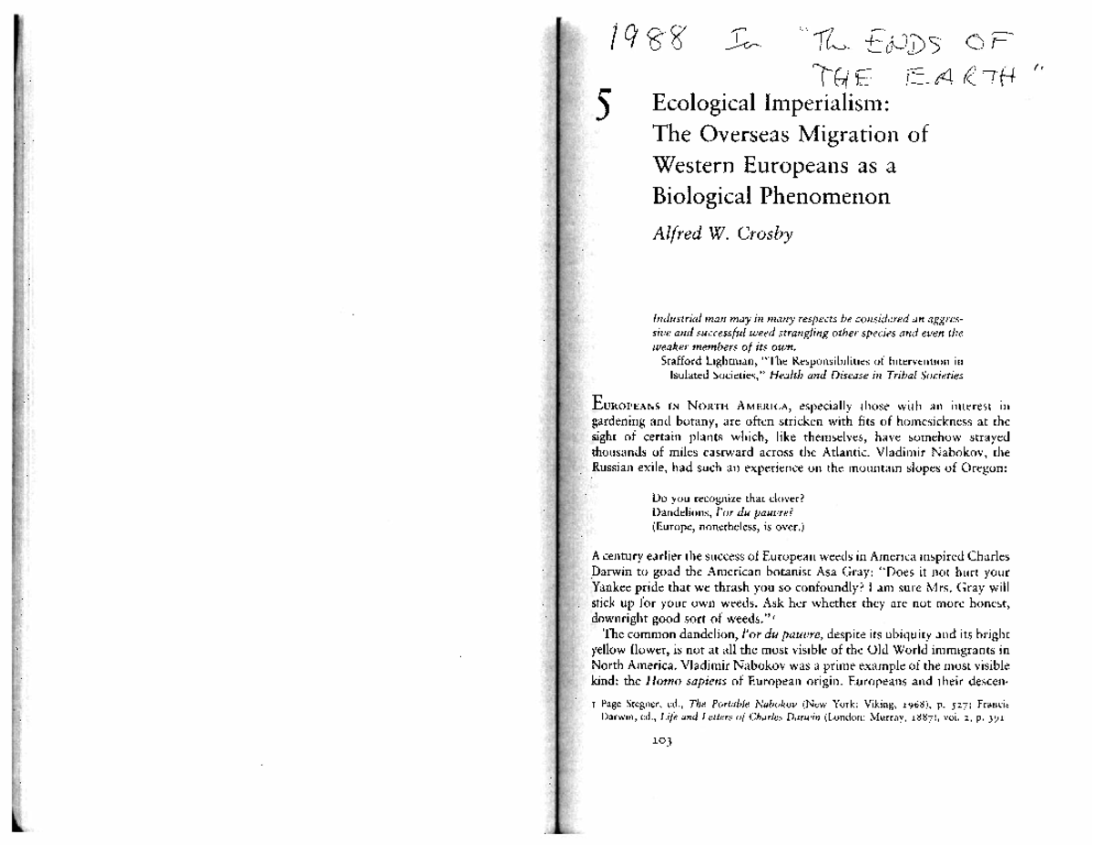 Alfred Crosby - Ecological Imperialism - BA (Hons.) History - Studocu