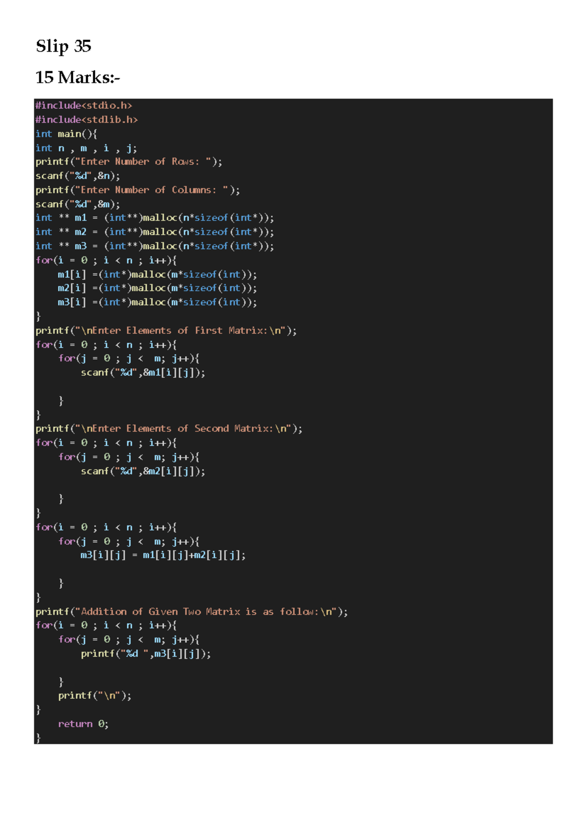 Slip 35 - none - Slip 35 15 Marks:- #include #include int main(){ int n ...