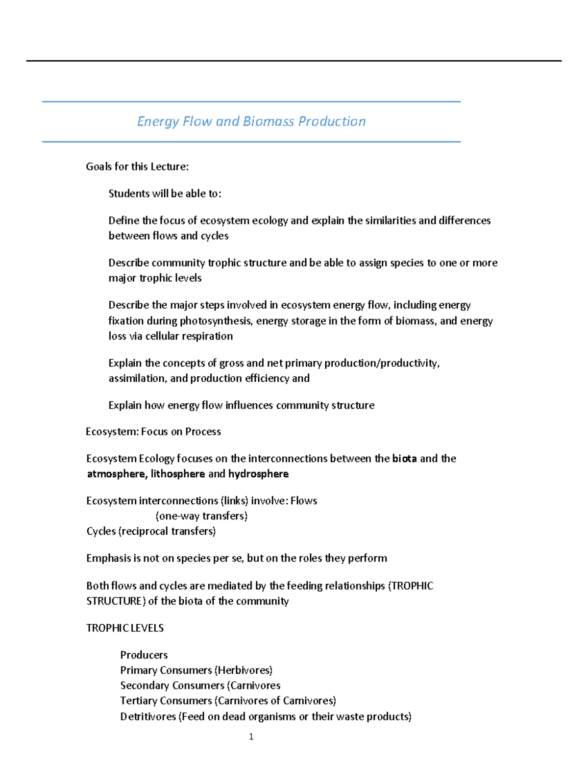 Lecture notes 9 30 15 - Energy Flow and Biomass Production Goals for ...