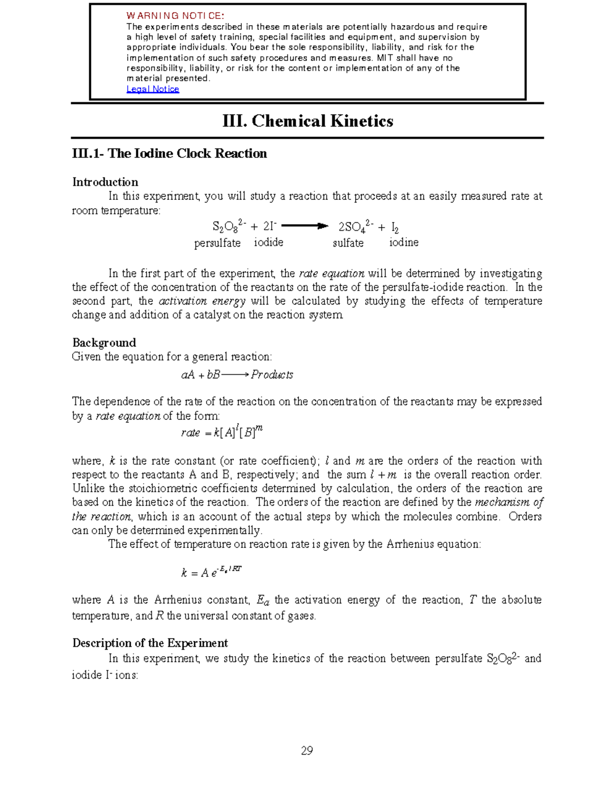3 kinetics 2005 b - lab report - III. Chemical Kinetics III- The Iodine ...