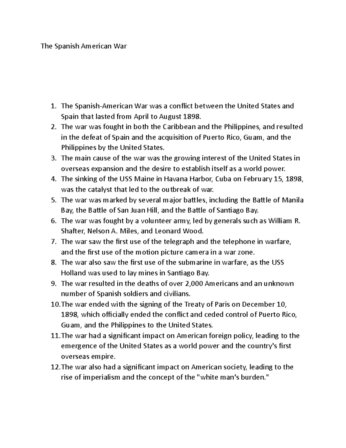 The Spanish American War - The war was fought in both the Caribbean and ...