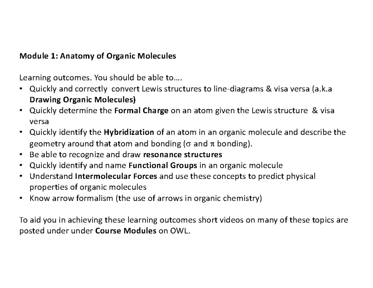 Module 1Notes - Lecture notes - Module 1: Anatomy of Organic Molecules ...