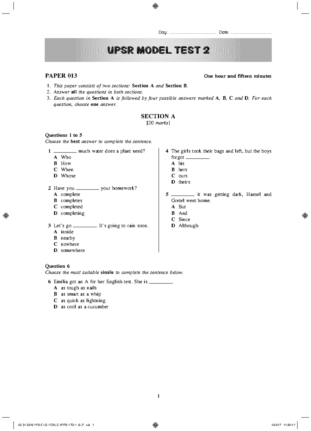 Upsr model test 2 - Lecture notes 1 - 1 PAPER 013 One hour and fifteen ...