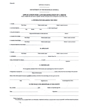 Kenya Birth Application Birth Certificate Form-B4 - To be Completed in ...
