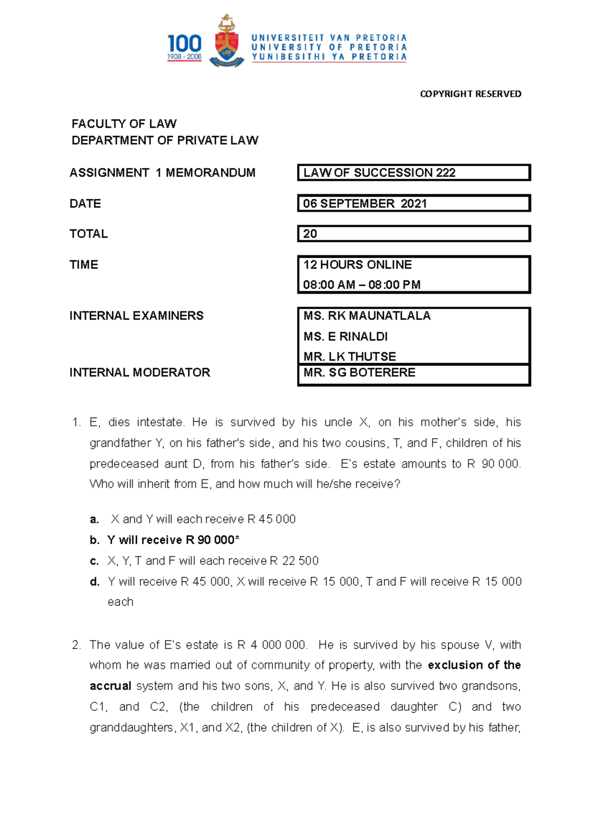 Assignment 1 Memorandum 2021 - COPYRIGHT RESERVED FACULTY OF LAW ...