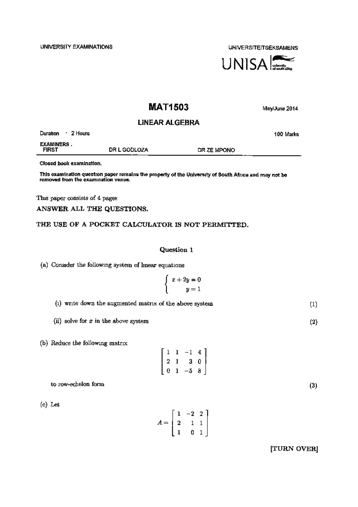 May 2014 - May 2014, LINERA ALGEBRA PAST PAPERS - MAT1503 - Studocu