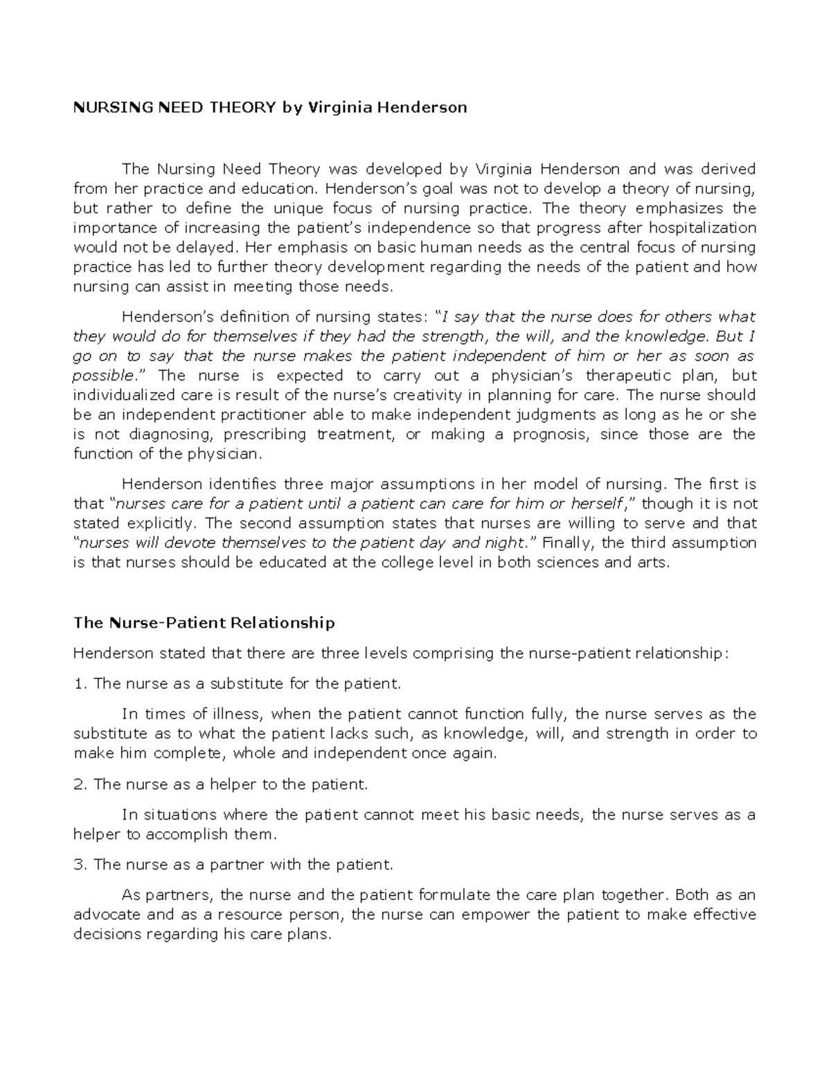 Nursing NEED Theory by Virginia Henderson - NURSING NEED THEORY by ...