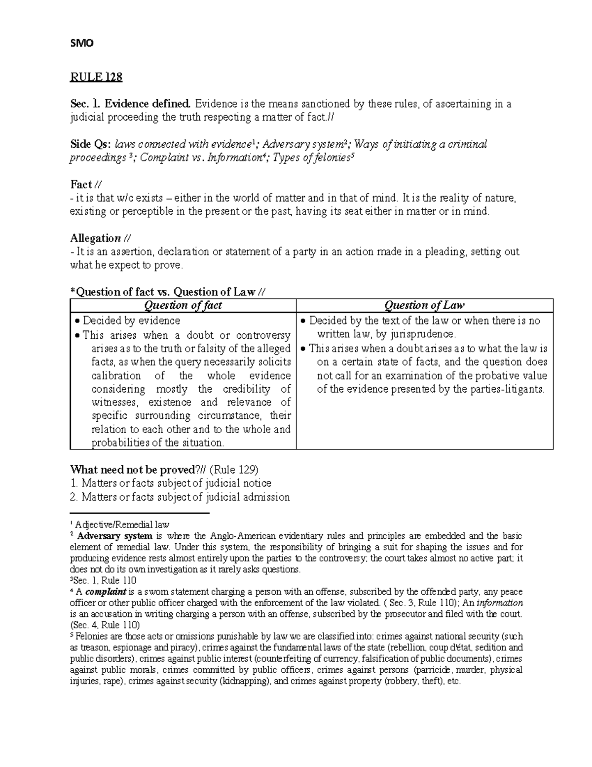 Evidence class notes - RULE 128 Sec. 1. Evidence defined. Evidence is ...