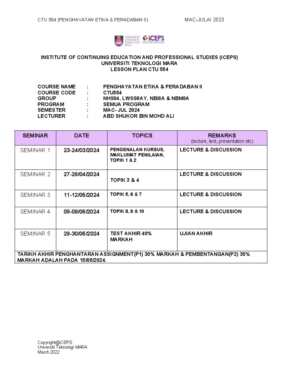 Lesson PLAN CTU554 MAC-JUL 2024 - CTU 554 (PENGHAYATAN ETIKA ...