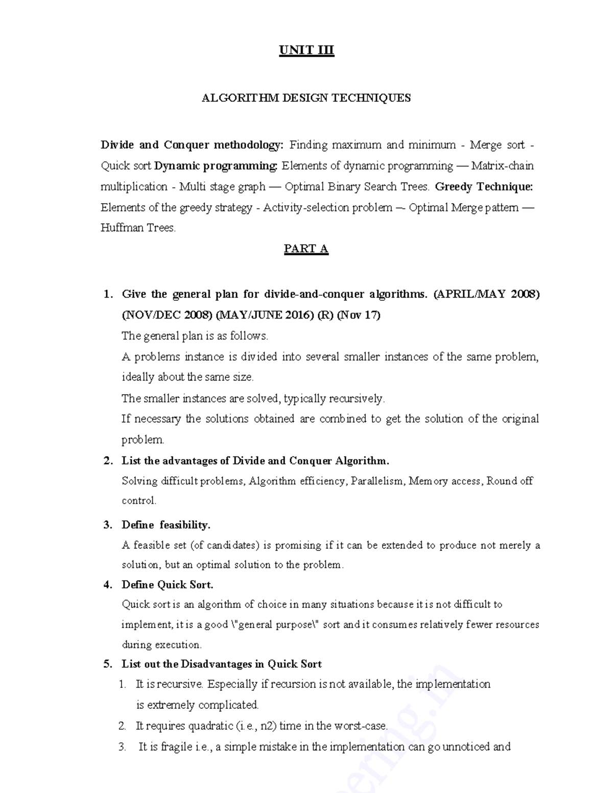 UNIT III-cs3401 - UNIT III ALGORITHM DESIGN TECHNIQUES Divide and ...