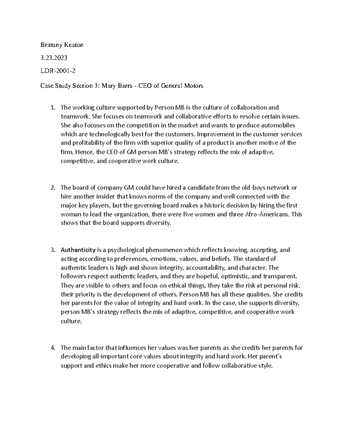 Case Study 3 Mary Barra CEO of General Motors - Brittany Keaton LDR ...