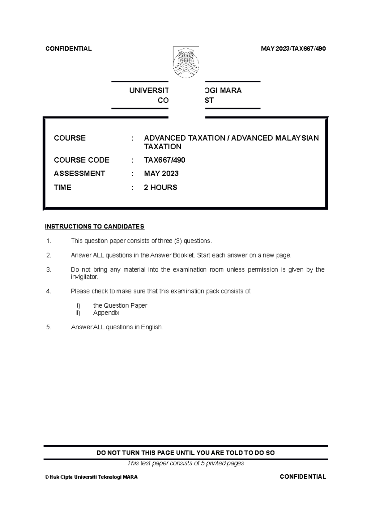 TAX667 CT Q MAY 2023 - Study guys - UNIVERSITI TEKNOLOGI MARA COMMON ...