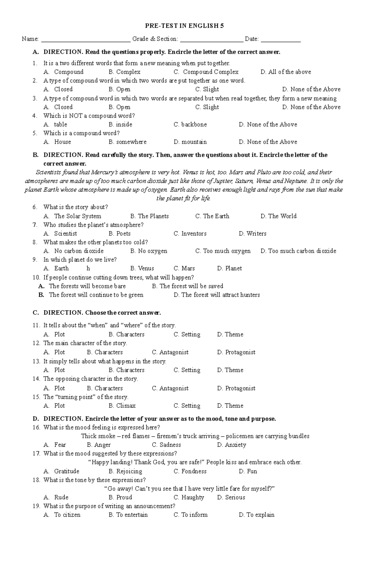 PRE-TEST English 5 - PRE-TEST IN ENGLISH 5 Name ...