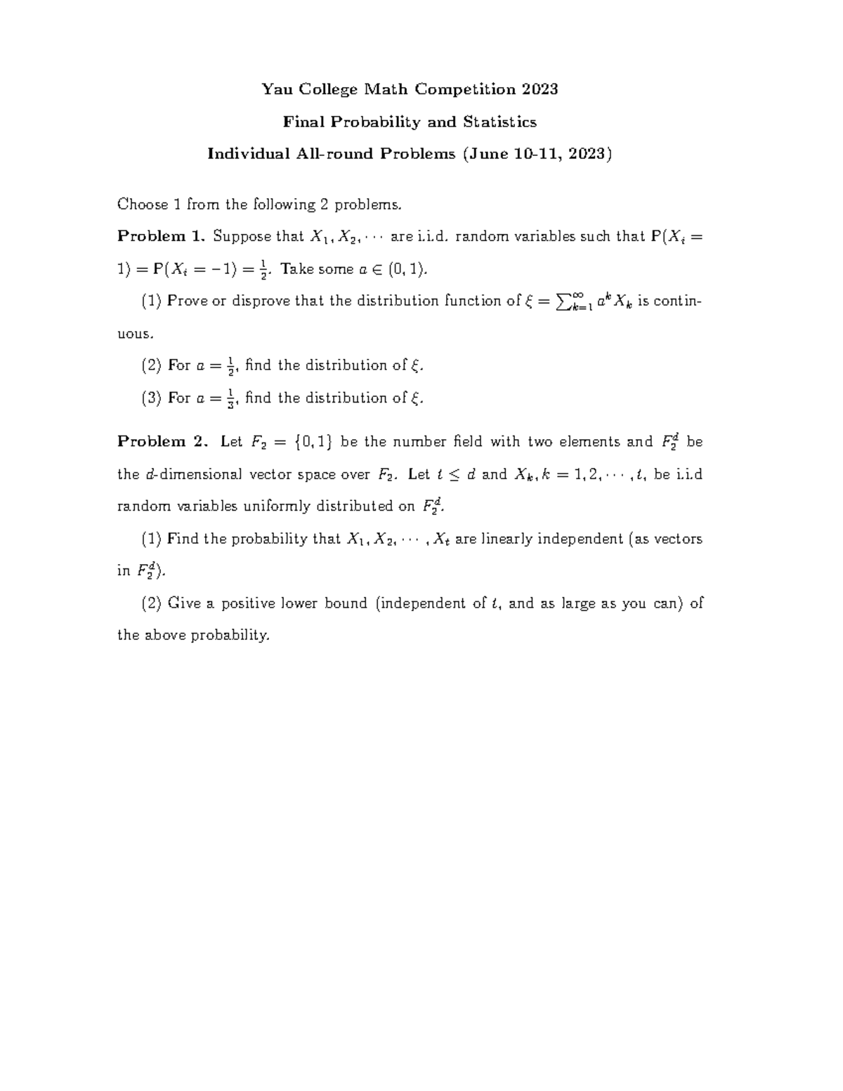 2023 Final Individual All-round Contest (Prob Stat) - Yau College Math ...