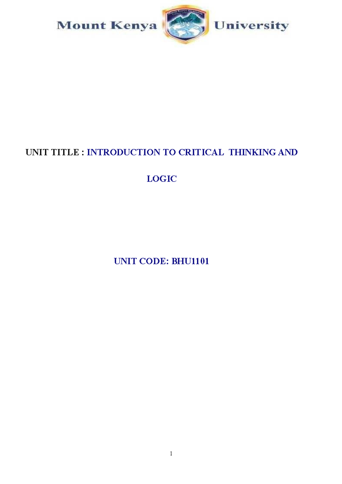 Critical thinking lesson one - UNIT TITLE : INTRODUCTION TO CRITICAL ...