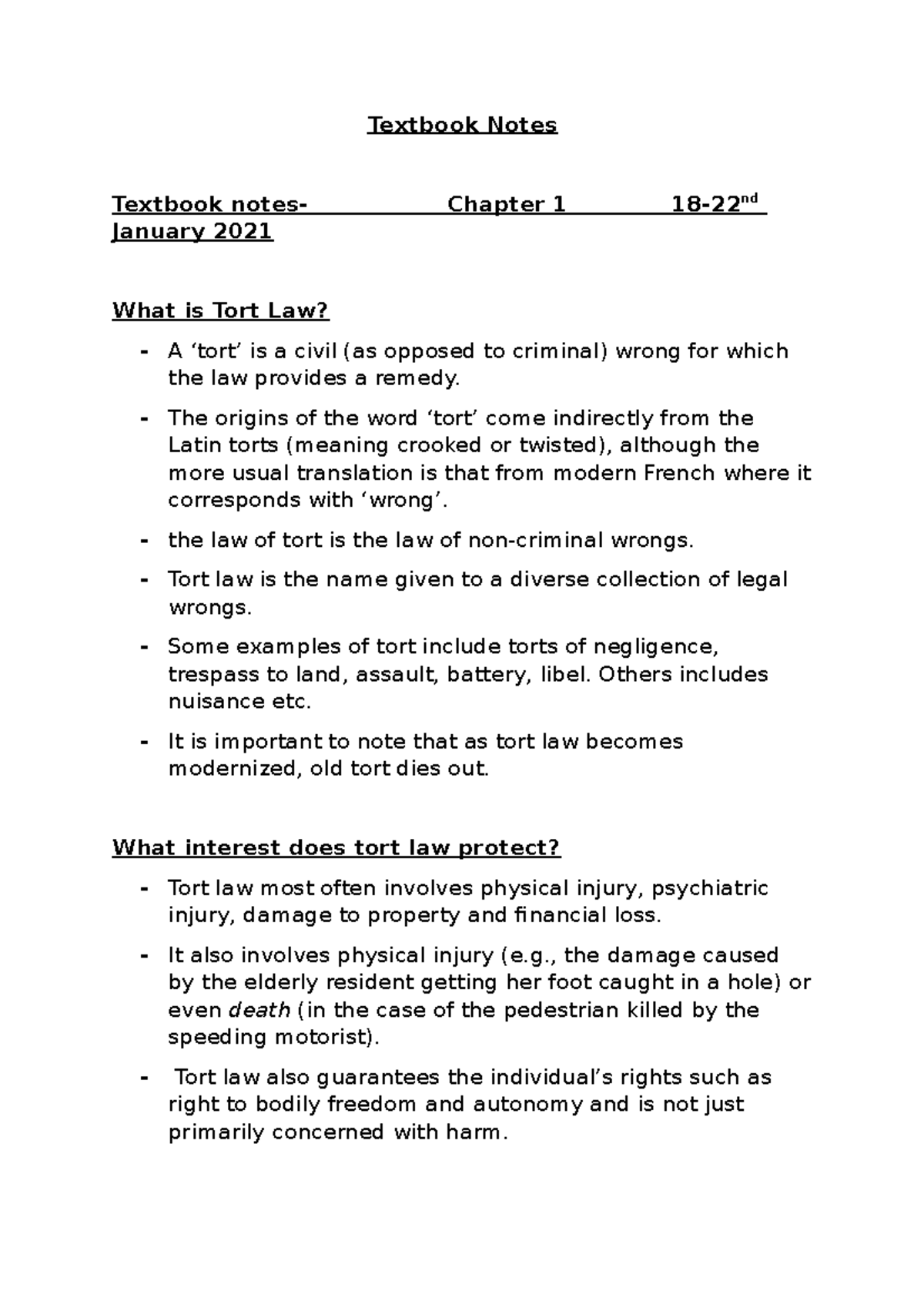 Law of torts readings - Textbook Notes Textbook notes- Chapter 1 18-22 ...