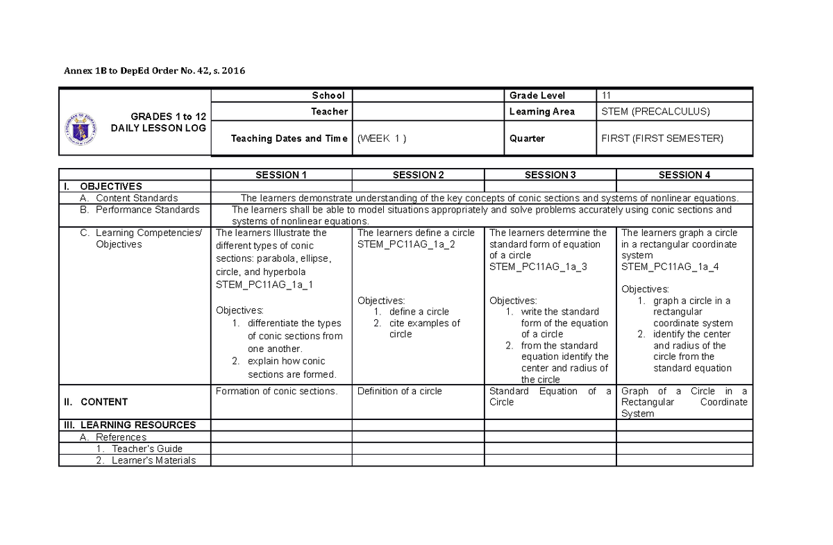 Lesson Summary in Pre-Calculus for Quarte 1 in Grade 11 - Annex 1B to ...