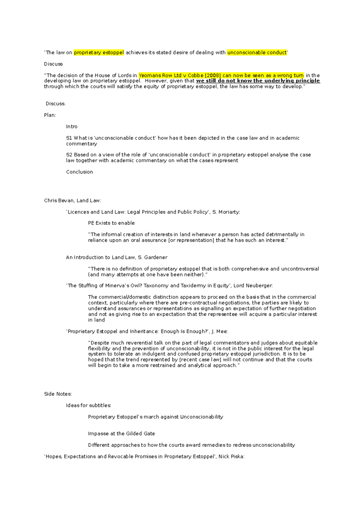 Land Law, Proprietary Estoppel Notes - ‘The law on proprietary estoppel ...