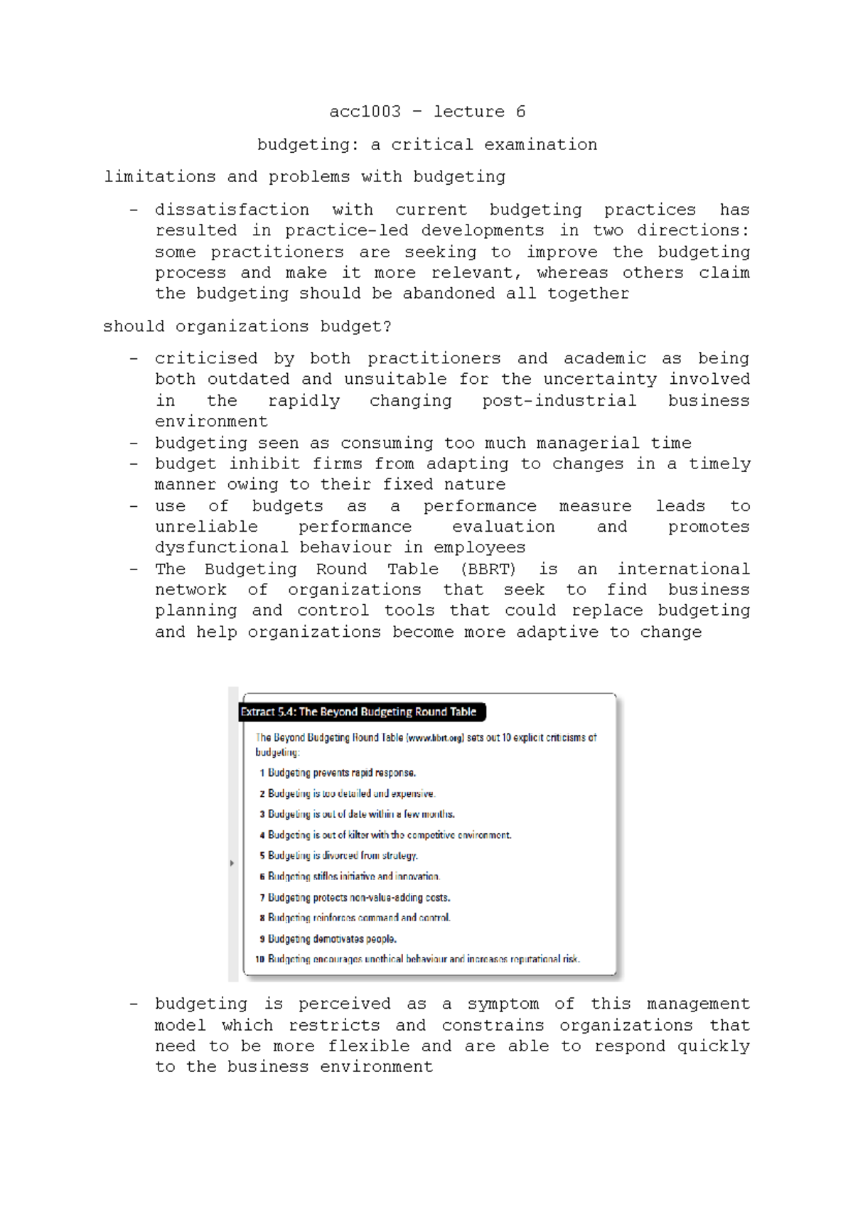 Lec-6 - Lecture notes 6 - acc1003 – lecture 6 budgeting: a critical ...