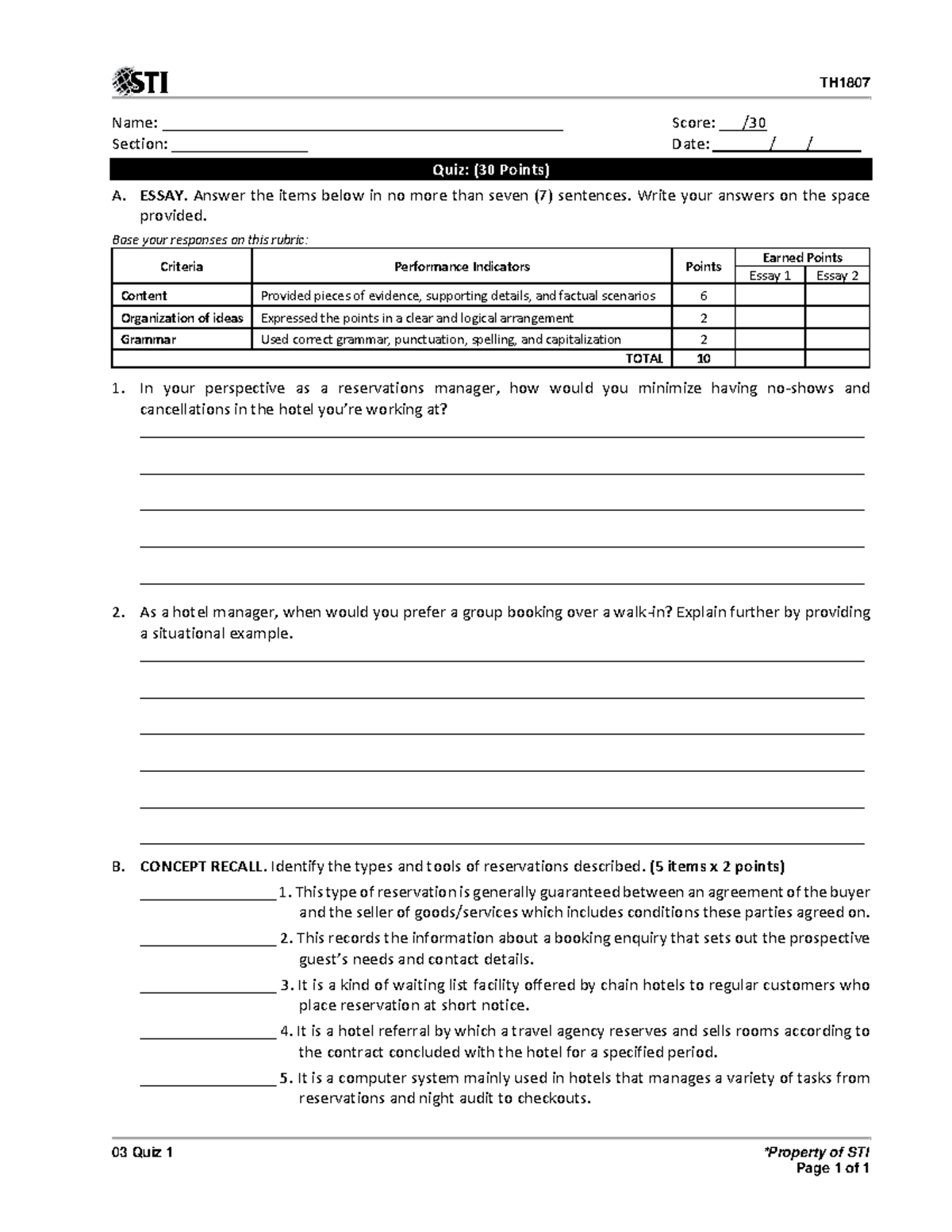 03 Quiz 1(20) - adasda - TH 03 Quiz 1 *Property of STI Page 1 of 1 Name ...