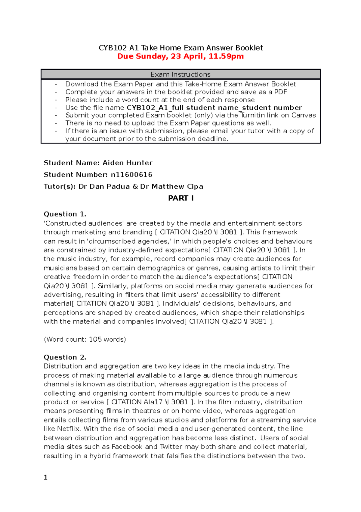 CYB102 A1 Take Home Exam Answer Booklet - CYB102 - QUT - Studocu