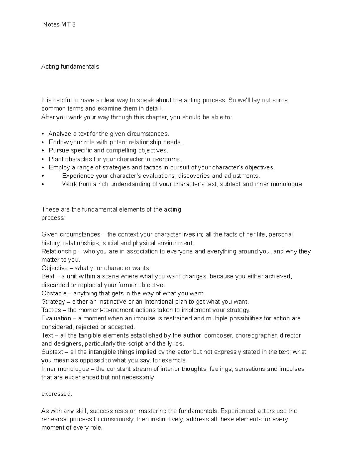 Notes MT 3 - Notes MT 3 Acting fundamentals It is helpful to have a ...