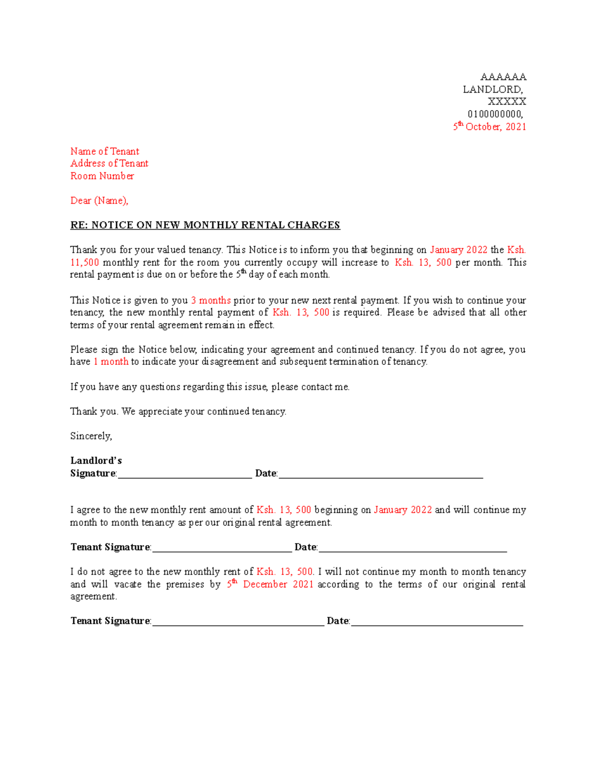 Notice ON NEW RENT - A sample formal letter format and key concepts in ...
