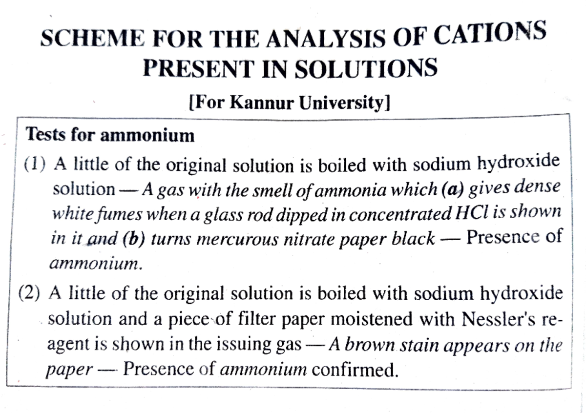 Scheme Sub - SCHEME FOR THE ANALYSIS OF CATIONS PRESENT IN SOLUTIONS [For Kannur University ...