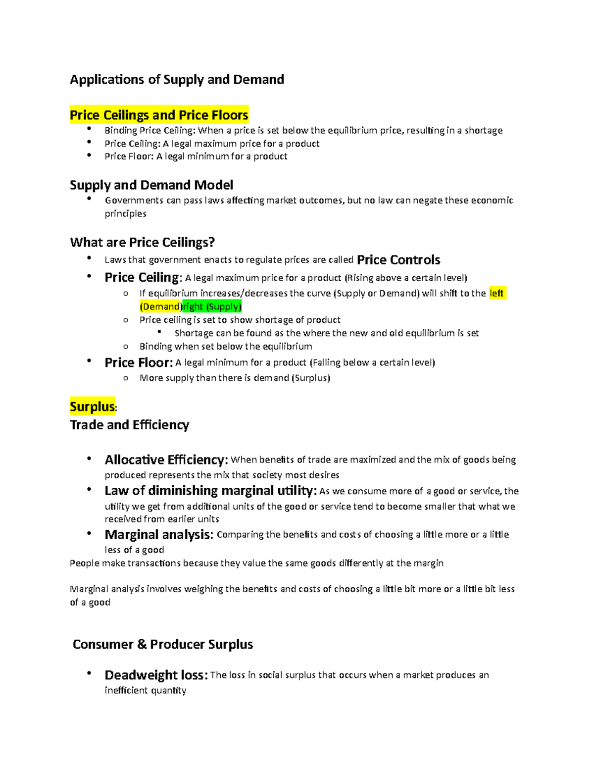 Module 4 Reading Notes - Applications of Supply and Demand Price ...