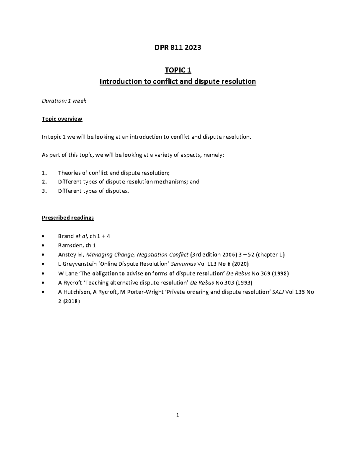 Topic 1 An introduction to conflict and dispute resolution - As part of ...