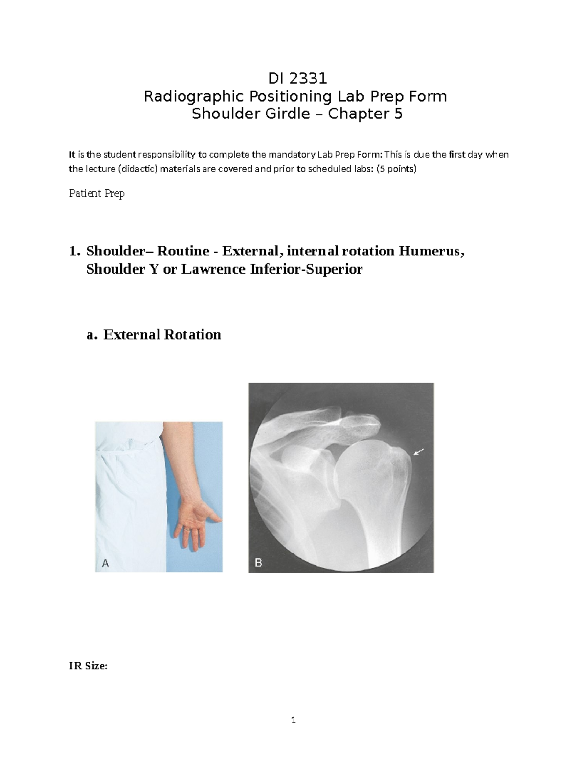 Upper Limb shoulder Girdle Lab Prep Form - DI 2331 Radiographic ...