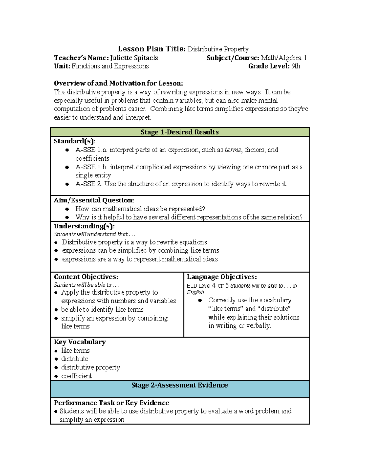 Algebra 1 Week 3 Day 2 - Lesson plan - Lesson Plan Title: Distributive ...