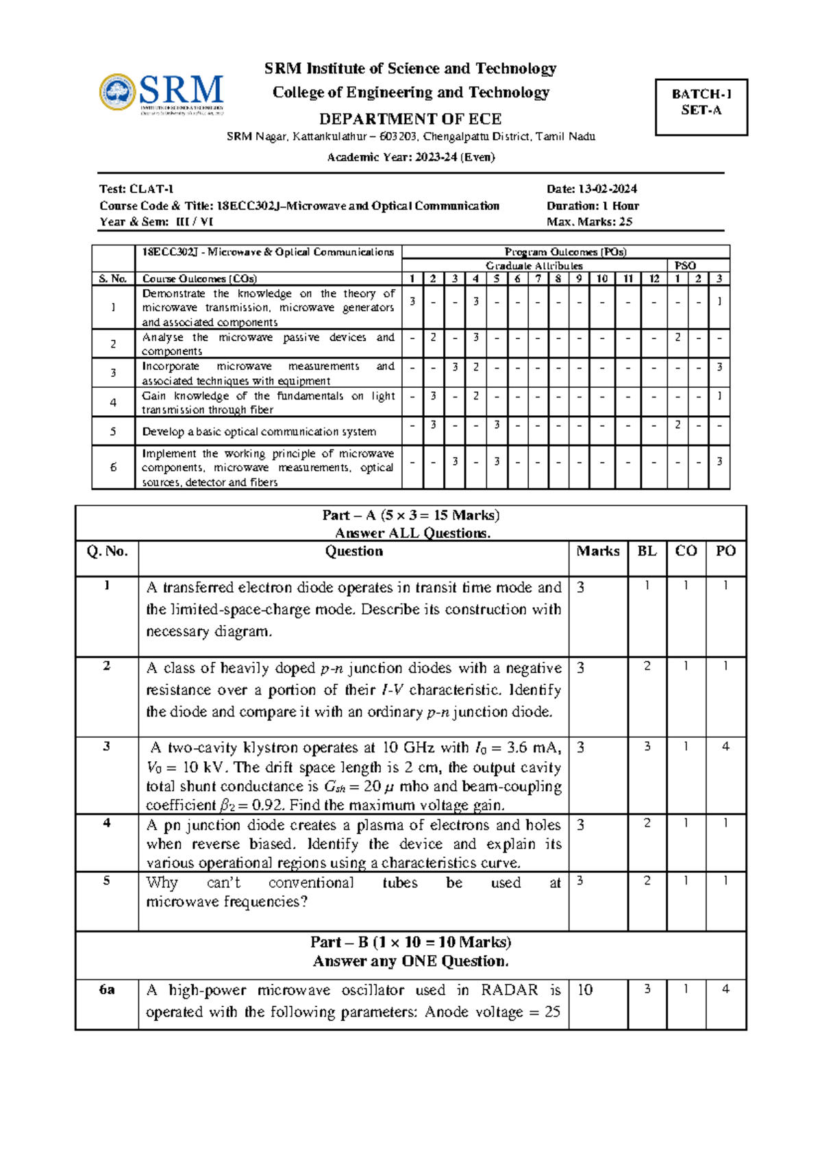 Ct1 2023 2024 Set A Batch 1 Srm Institute Of Science And Technology College Of Engineering And