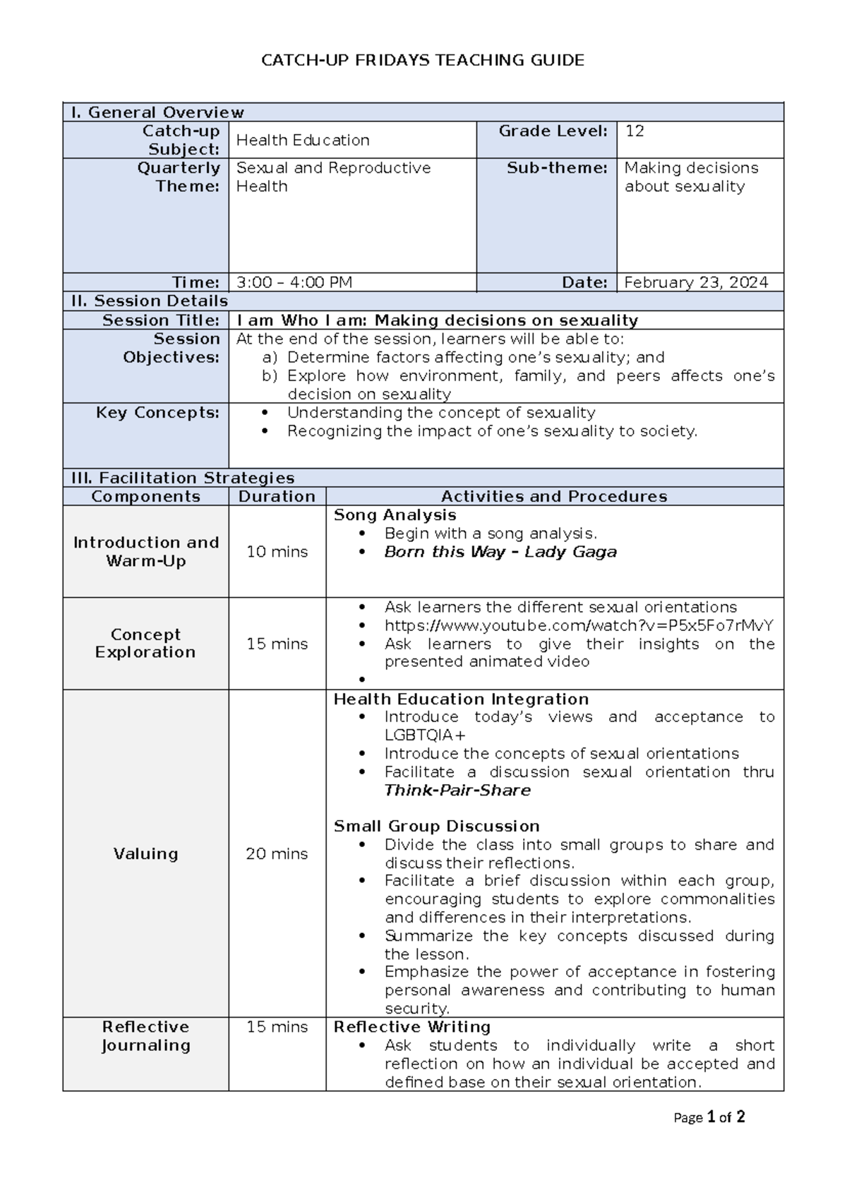 SHS-Catch Up Friday Feb 23 - CATCH-UP FRIDAYS TEACHING GUIDE I. General ...