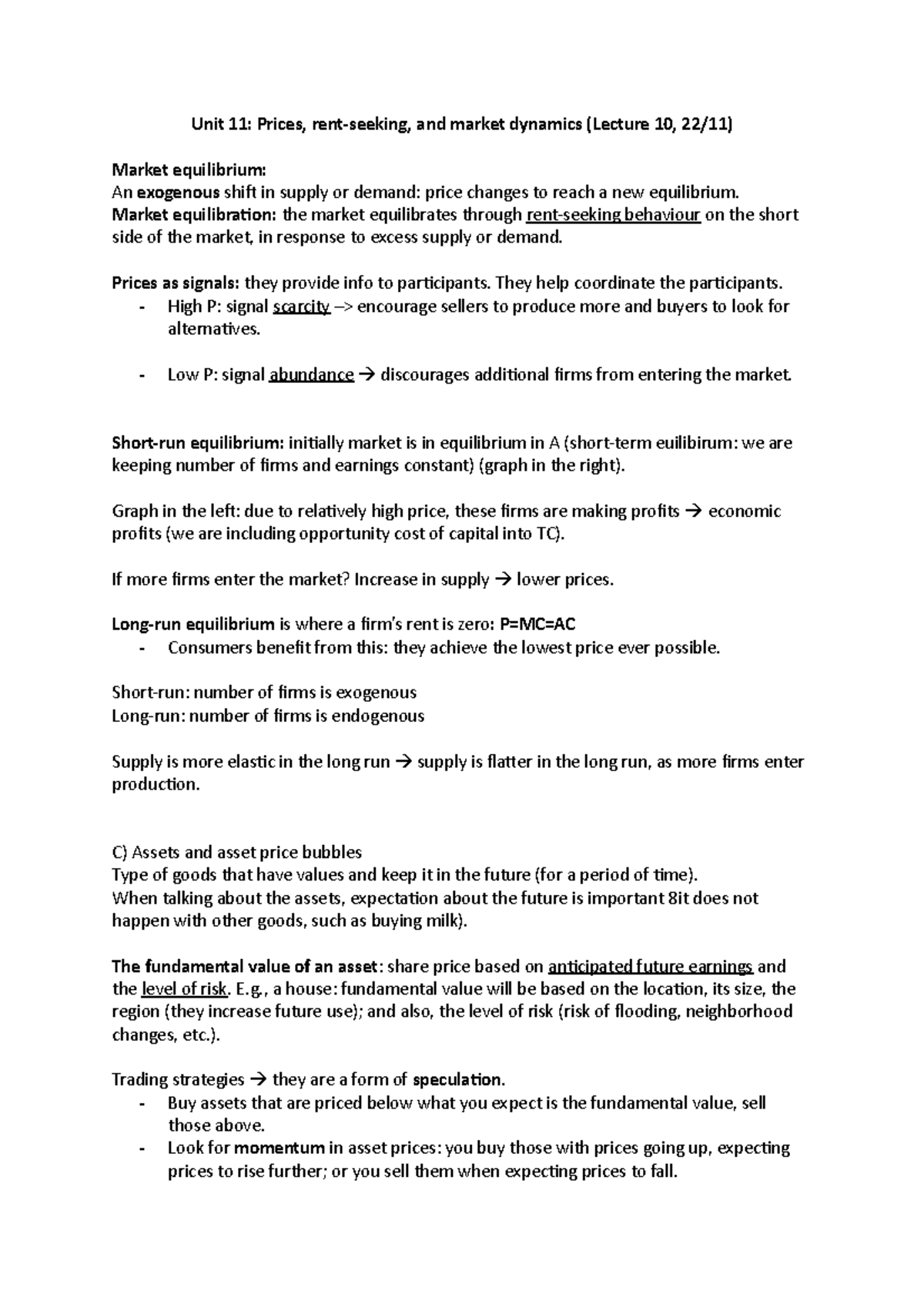 Unit 11 - Lectures notes on each topic - Unit 11: Prices, rent-seeking ...