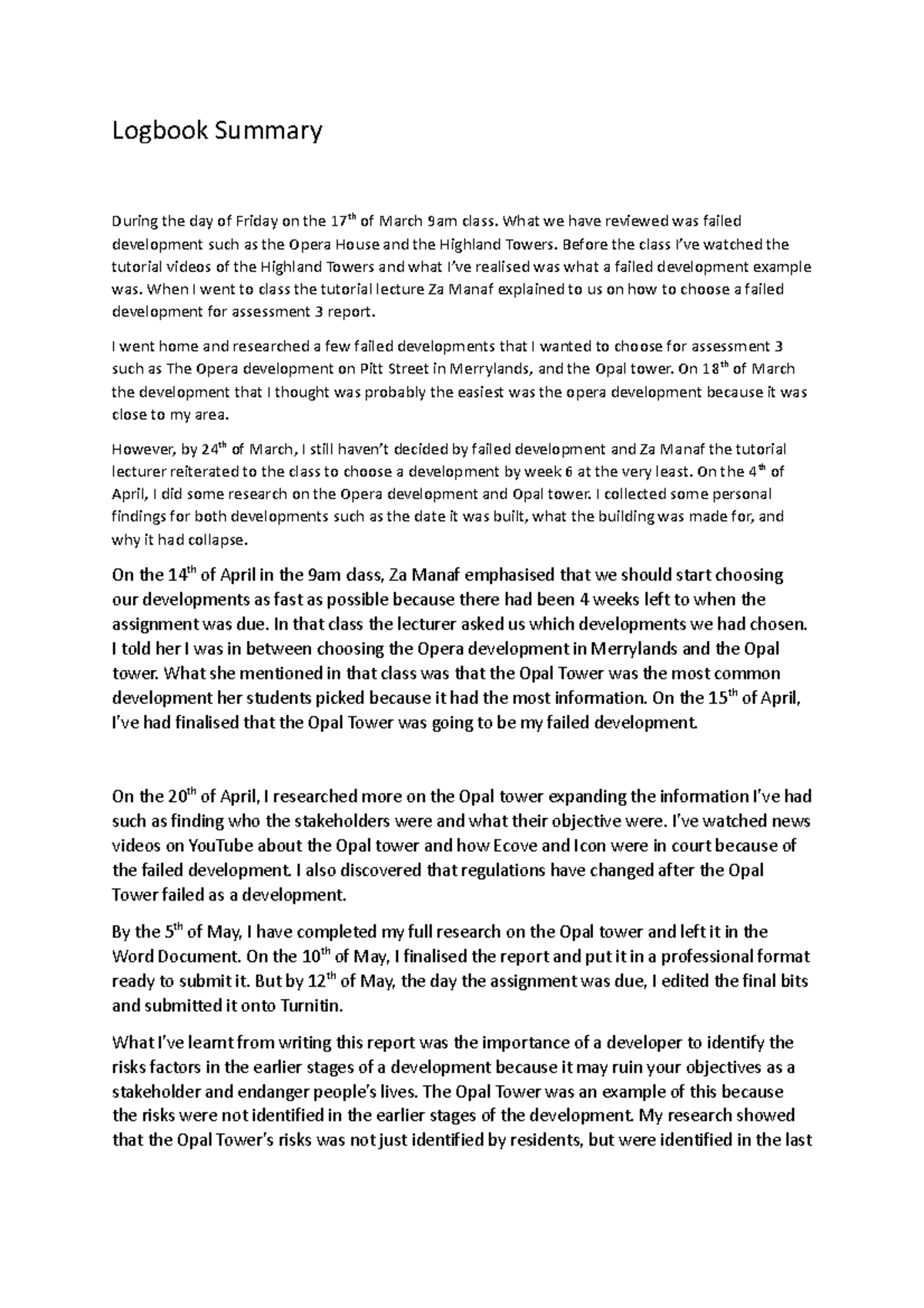 Logbook summary - A distinction score. - Logbook Summary During the day ...