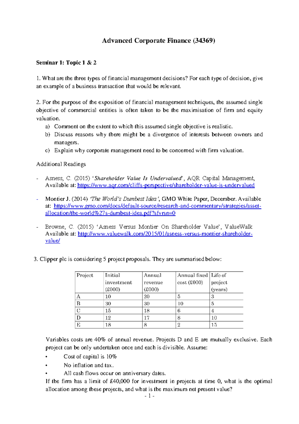 Seminar 1 - Corporate Finance - 1 - Advanced Corporate Finance (34369 ...