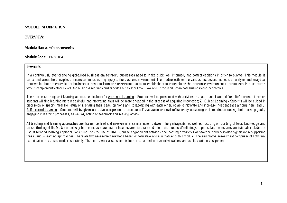 Microeconomics Module Information (19032022) - MODULE INFORMATION ...