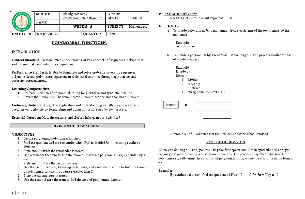 MATH 10 WEEK 5 to 6 - GOODlucck - POLYNOMIAL FUNCTIONS INTRODUCTION ...