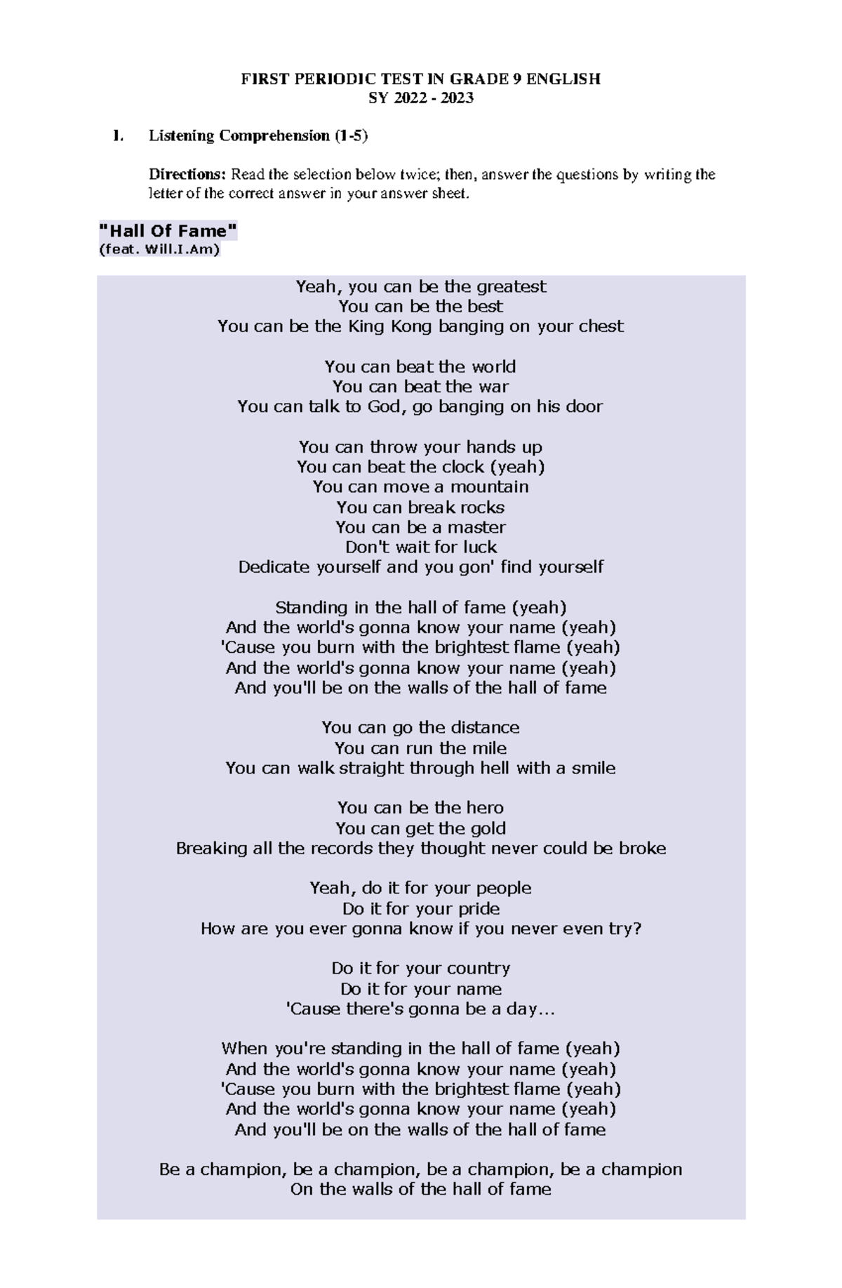 PT English 9 Q1 V2 - Long Test questions - FIRST PERIODIC TEST IN GRADE ...