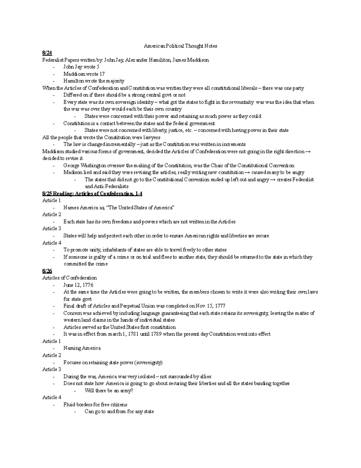 American Political Thought Notes - American Political Thought Notes 8 ...