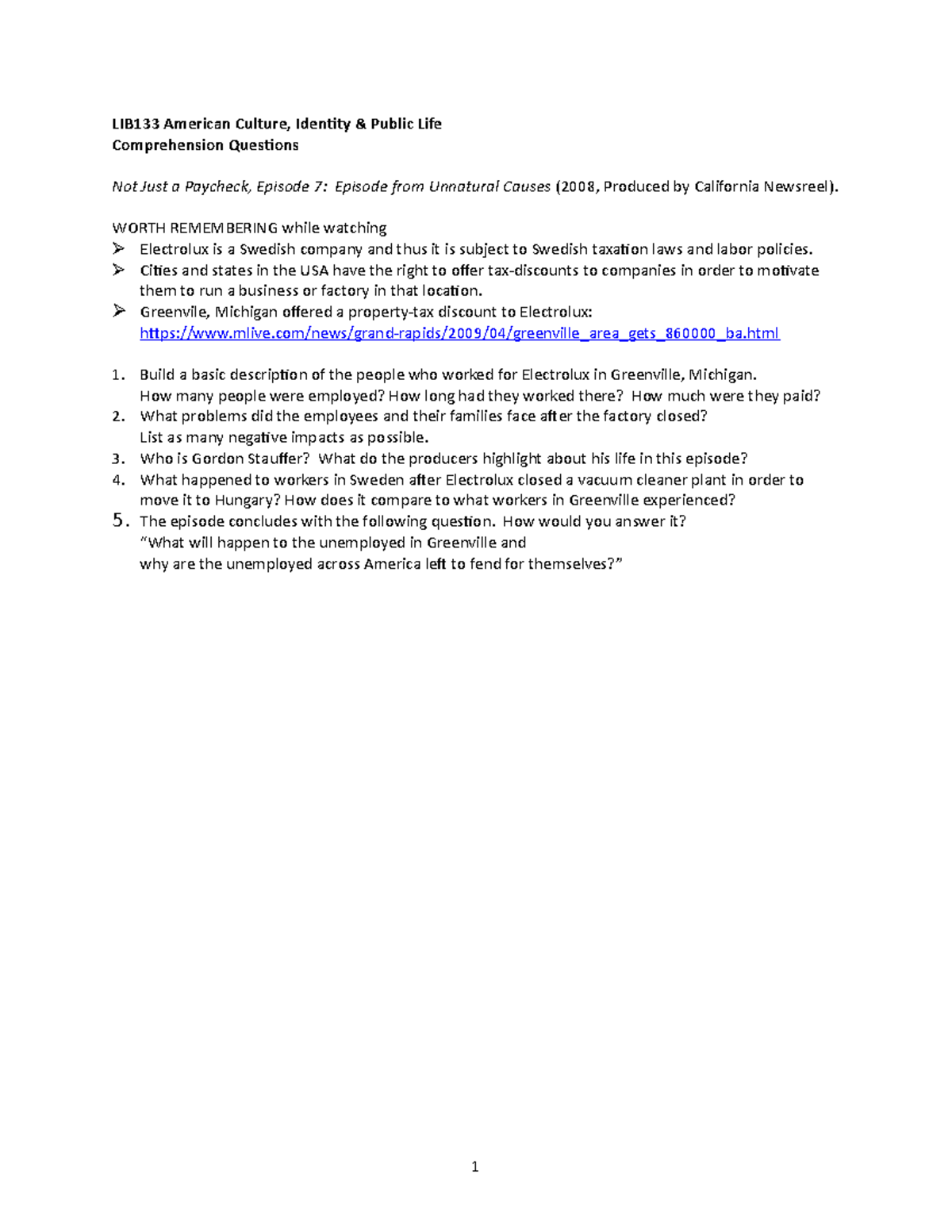 Unnatural Causes - Not Just a Paycheck comprehension questions - LIB133 ...