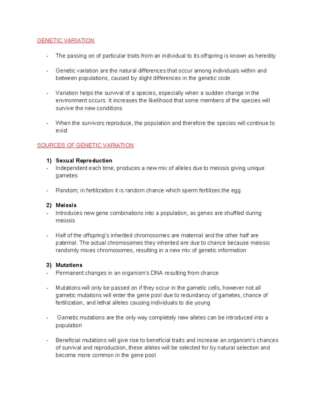 Sources of genetic variation - GENETIC VARIATION The passing on of ...